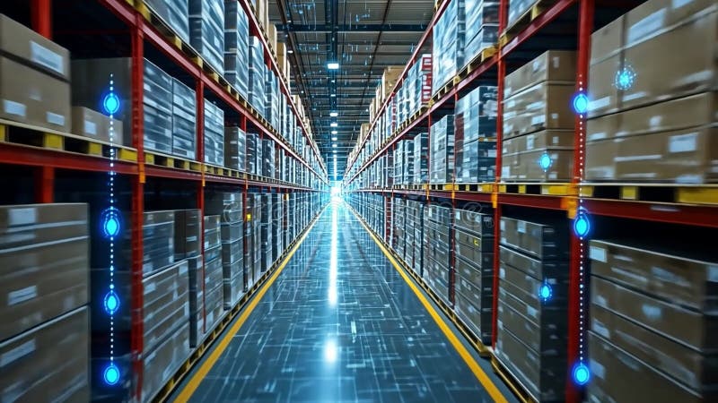 Modern Warehouse with Organized Boxes and Digital Overlays for ...