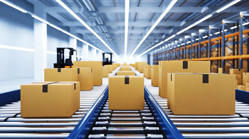 Modern Warehouse with Packages on a Conveyor Belt, Bright Lighting and ...