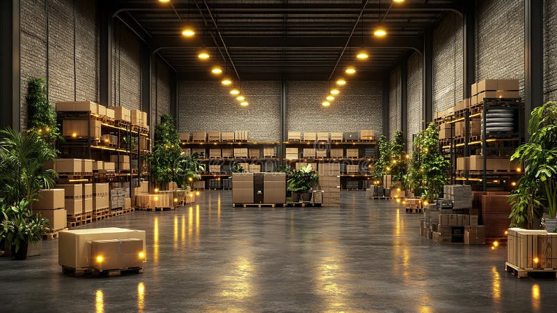 Modern Warehouse, Plants, Boxes, Storage, Interior, Night Lighting ...