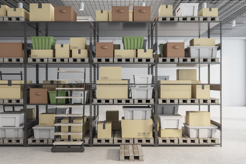 Modern Warehouse with Racks, Boxes and Daylight. Logistics and Shipping ...
