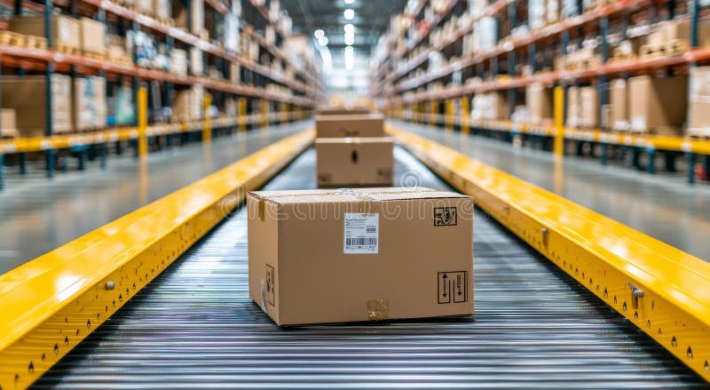 A Modern Warehouse with Rows of Cardboard Boxes on Conveyor Belts ...