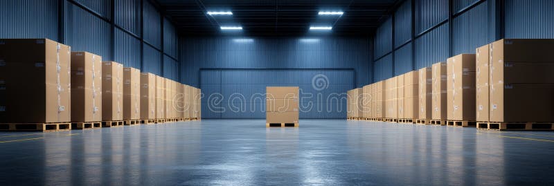A Modern Warehouse with Rows of Neatly Stacked Cardboard Boxes ...