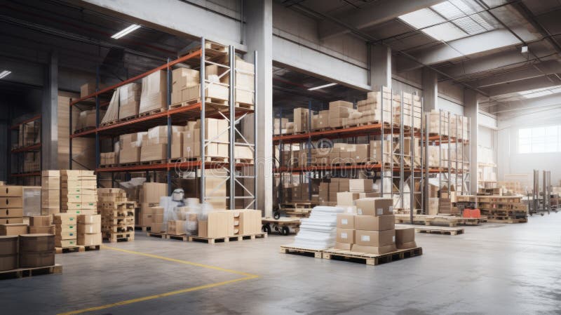 Modern Warehouse with Rows of Shelves Filled with Boxes. Concept of ...