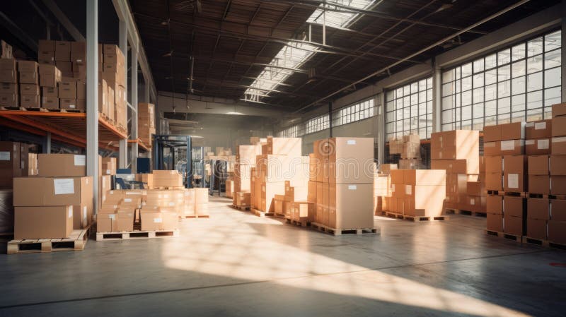 Modern Warehouse with Rows of Shelves Filled with Boxes. Concept of ...