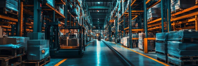 A Modern Warehouse with Rows of Shelves Stacked with Goods Showcasing ...