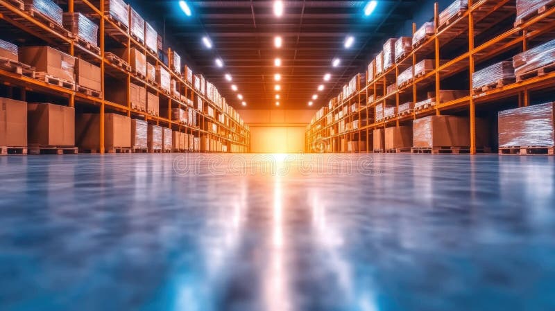 Modern Warehouse with Rows of Shelves in Warm Lighting: Industrial ...