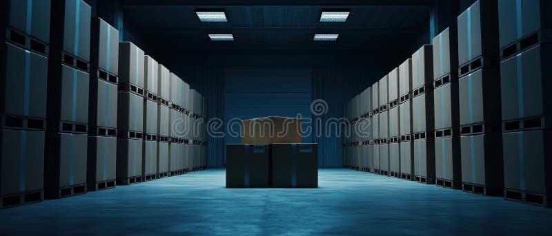 A Modern Warehouse with Rows of Storage Units and a Central Pallet on a ...