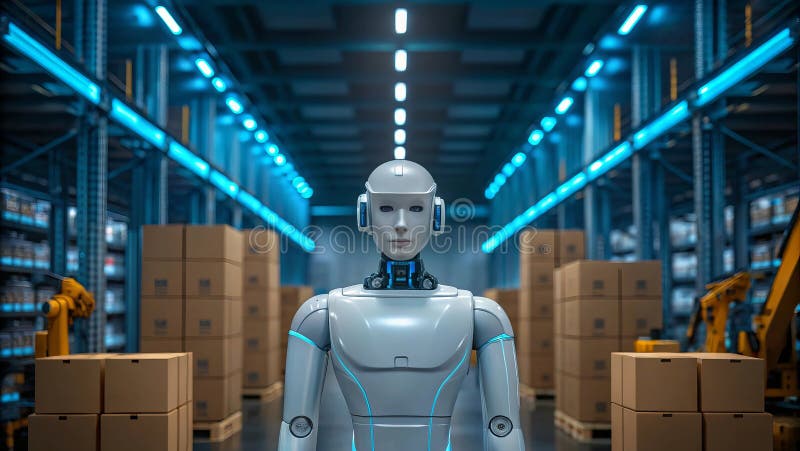 Modern Warehouse Scene Features Humanoid Robot among Stacked Boxes ... Modern Warehouse Scene Features Humanoid Robot among Stacked Boxes ...