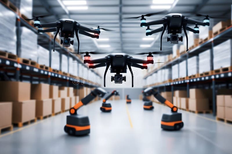 Drones and Robots in a Modern Warehouse Stock Illustration ...