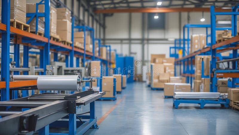 Modern Warehouse with Shelves and Packaging Materials Stock ...