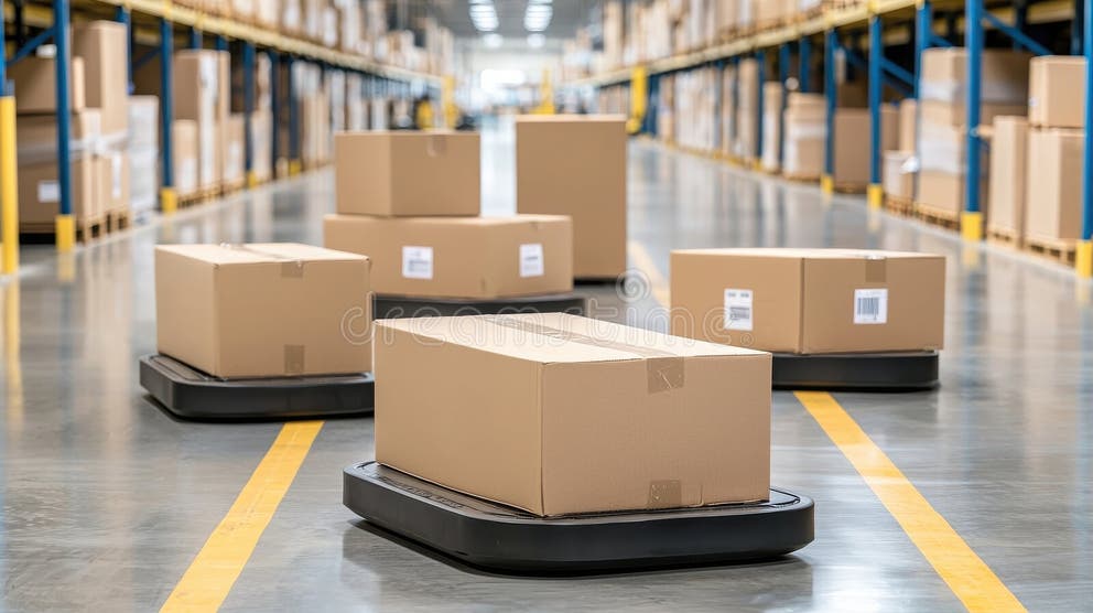 Delivery Boxes on Rolling Carts in a Modern Warehouse Storage Facility ...