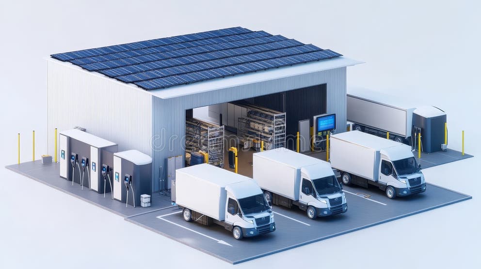 A Modern Warehouse with Solar Panels and Delivery Vans for Efficient ...