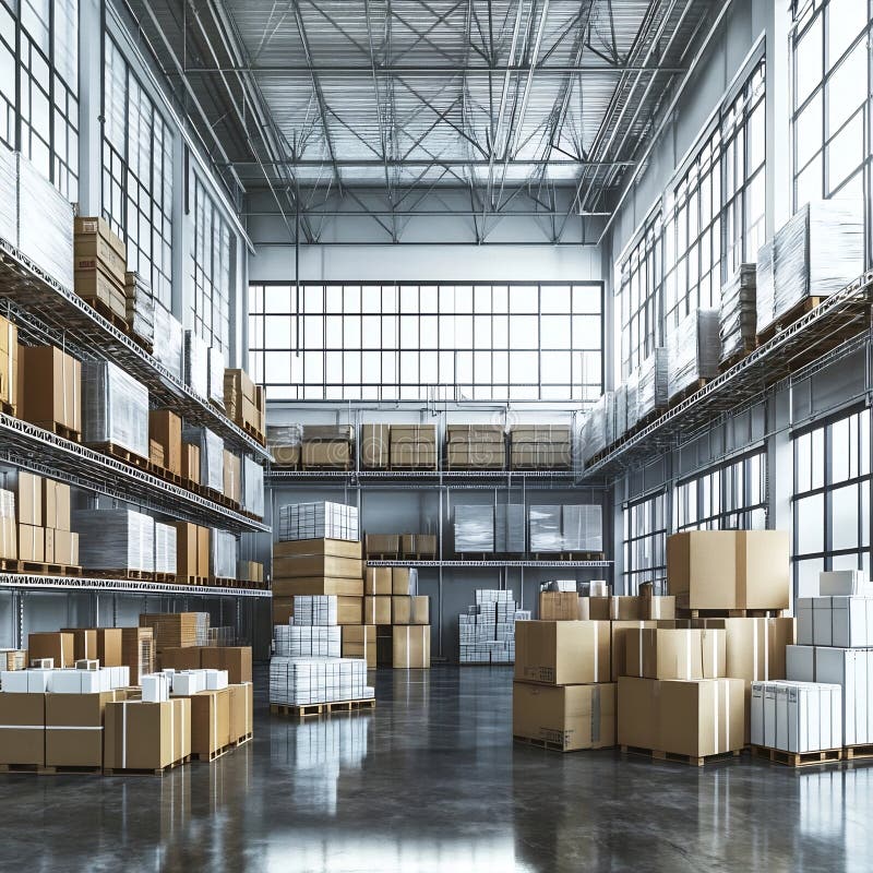 Modern Warehouse with Stacked Boxes and Shelves for Efficient Logistics ...
