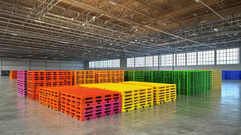 In a Modern Warehouse, Stacks of Colorful Crates and Boxes on Shelves ...