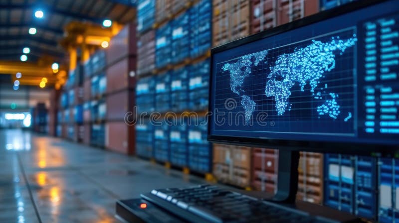 A Modern Warehouse with Stacks of Containers and a Computer Screen ...