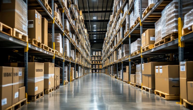 Modern Warehouse Storage Organized Rows of Shelves Filled with Goods ...