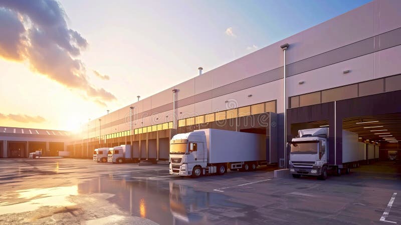 Modern Logistics Warehouse with Trucks Parked by Loading Docks at ...