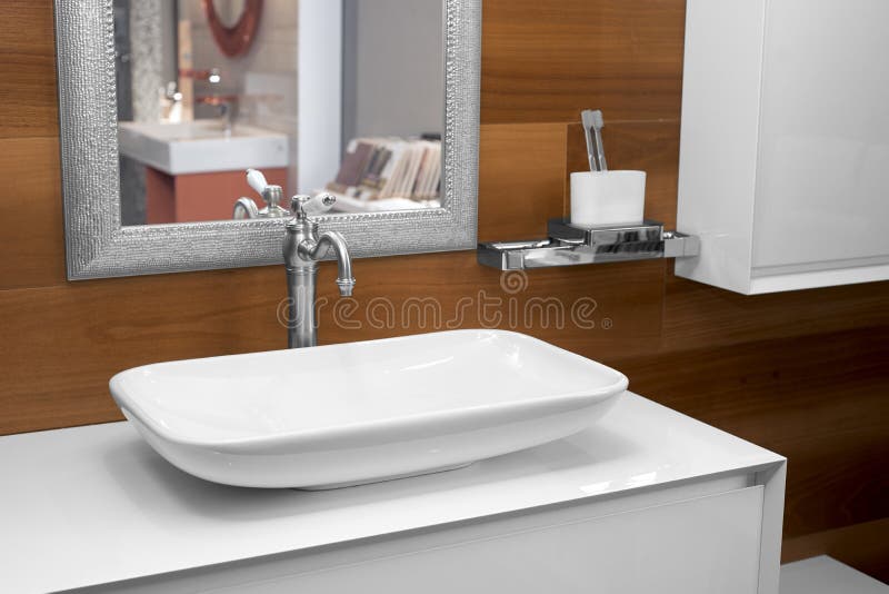 Bathroom Detail of a Stylish Designer Hand Wash Basin with Wooden Stand ...