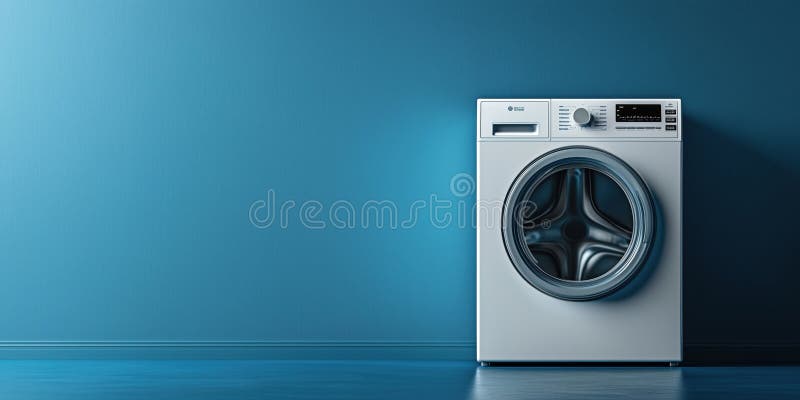 Modern Washing Machine Against Blue Wall in Contemporary Laundry Room ...