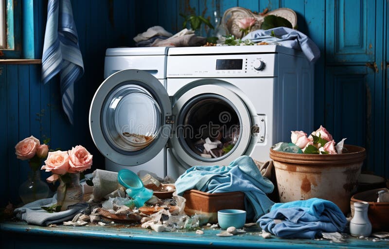 Modern Washing Machine with Laundry Near Color Wall Stock Image - Image ...