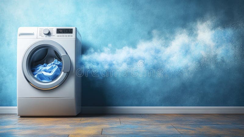 Modern Washing Machine with Blue Wall and Laundry Mist Effect Stock ...
