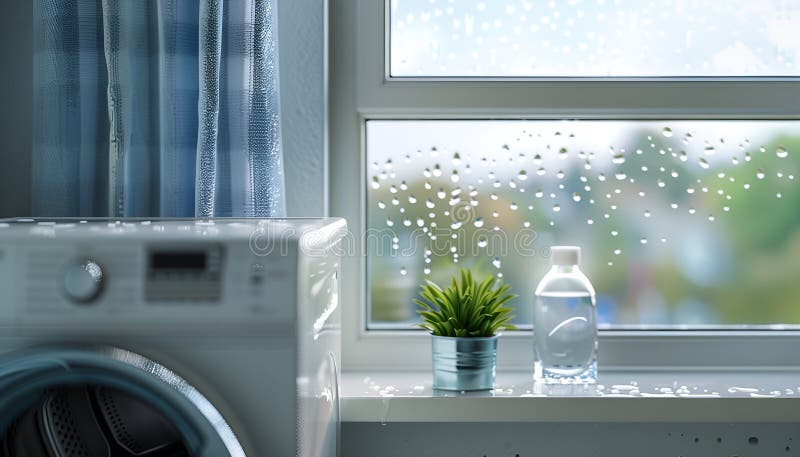 Modern Washing Machine and Clean White Towel Stack Near Window Stock ...