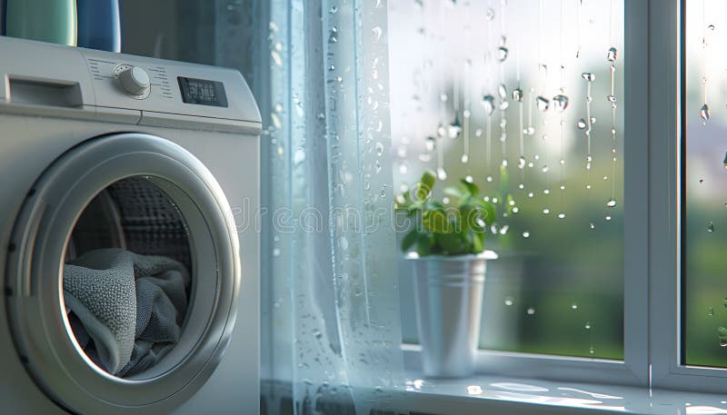 Modern Washing Machine and Clean White Towel Stack Near Window Stock ...