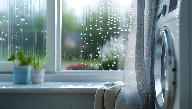 Modern Washing Machine and Clean White Towel Stack Near Window Stock ...