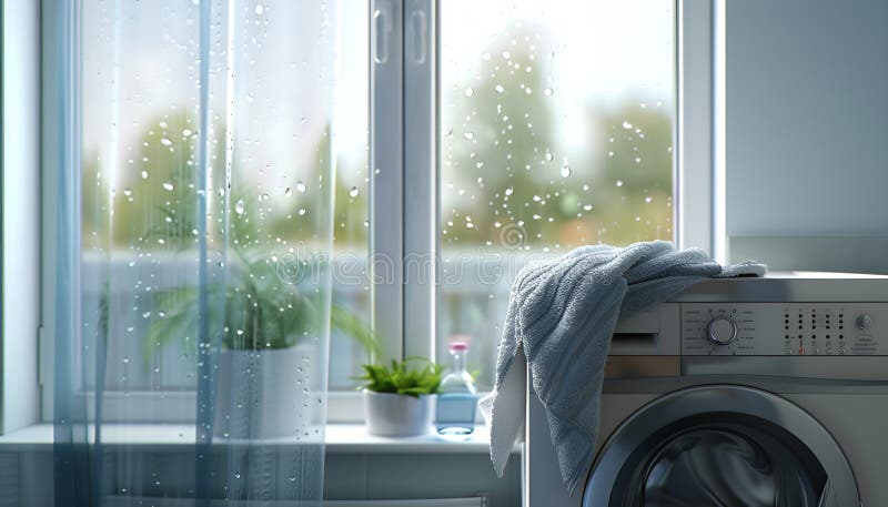 Modern Washing Machine and Clean White Towel Stack Near Window Stock ...