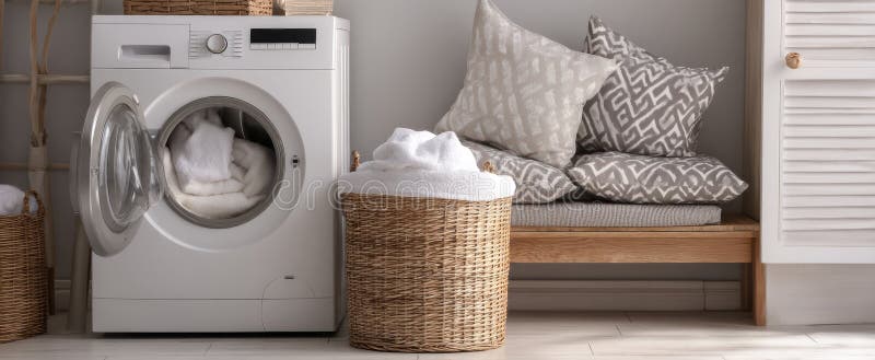 The Modern Washing Machine in a Cozy and Stylish Laundry Room Setup..AI ...