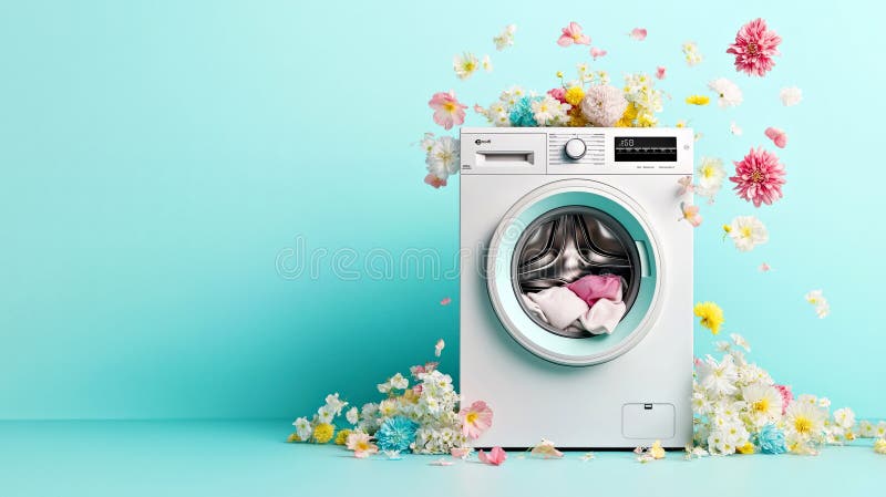 Modern Washing Machine with Fresh Flowers on Pastel Background Stock ...