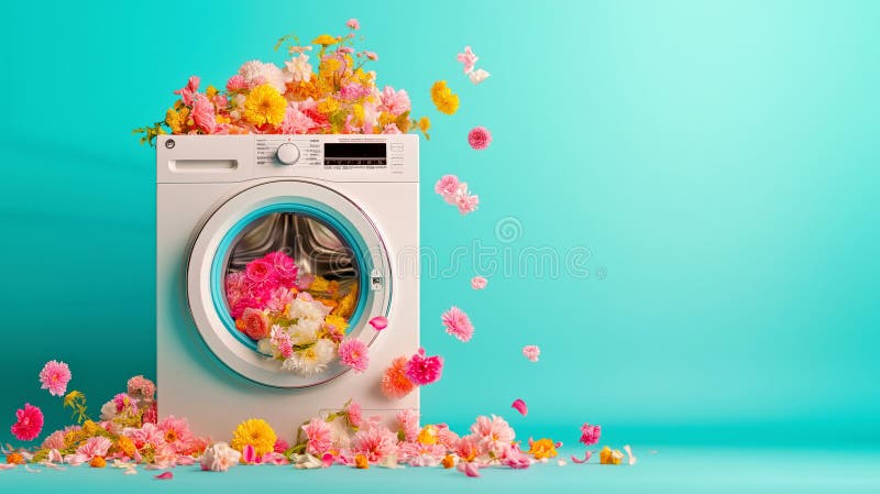 Modern Washing Machine with Fresh Flowers on Pastel Background Stock ...