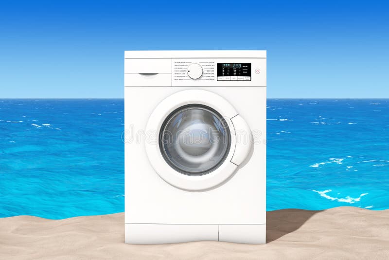 Modern Washing Machine in Front of Ocean. 3d Rendering Stock ...