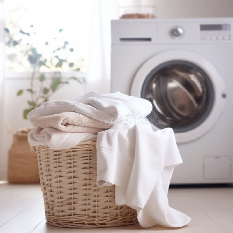Modern Washing Machine and Laundry Basket with Stack of Clean Clothes ...