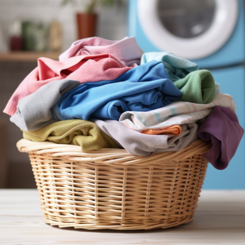 Modern Washing Machine and Laundry Basket with Stack of Clean Clothes ...