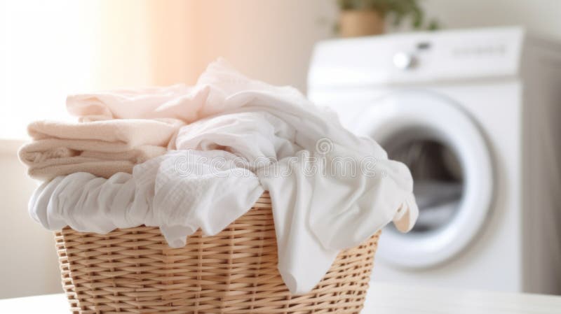 Modern Washing Machine and Laundry Basket with Stack of Clean Clothes ...