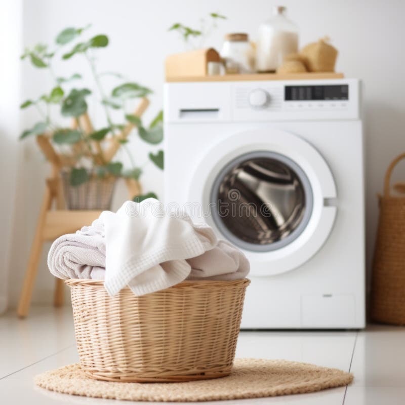 Modern Washing Machine and Laundry Basket with Stack of Clean Clothes ...