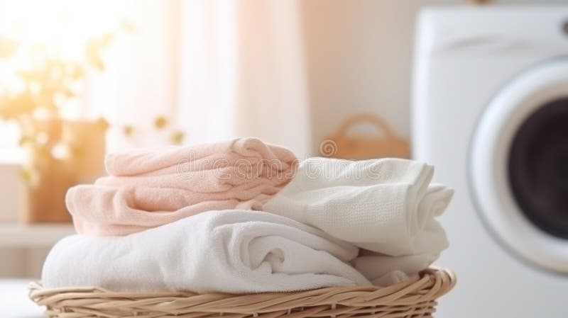 Modern Washing Machine and Laundry Basket with Stack of Clean Clothes ...