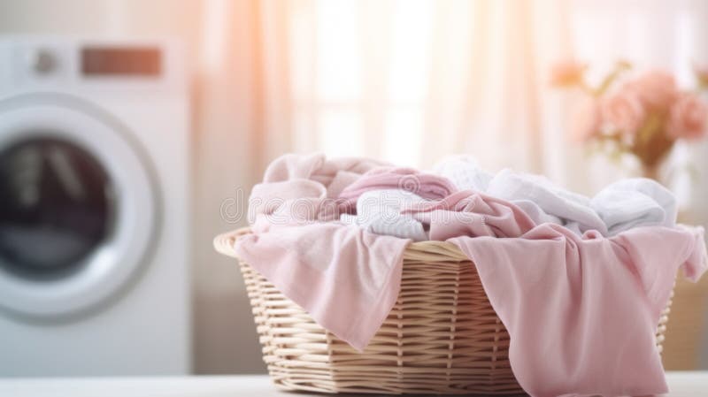 Modern Washing Machine and Laundry Basket with Stack of Clean Clothes ...