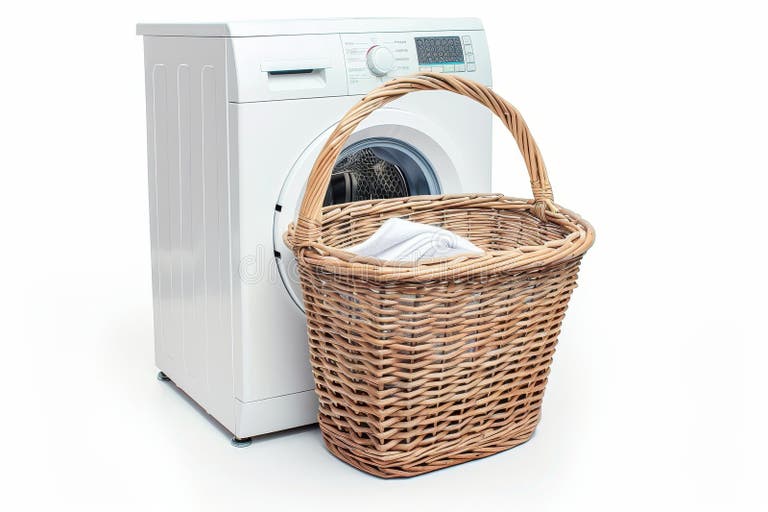 Modern Washing Machine with Laundry Basket on White Background, Laundry ...