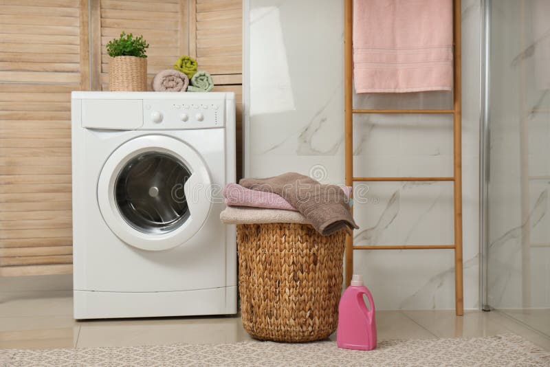 Modern Washing Machine and Laundry in Bathroom Stock Image - Image of ...