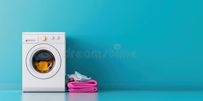 Modern Washing Machine with Laundry on Blue Background. Generative Ai ...