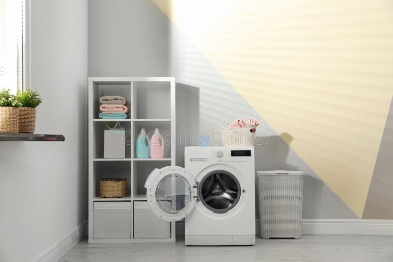 Modern Washing Machine in Laundry Room Interior Stock Photo - Image of ...