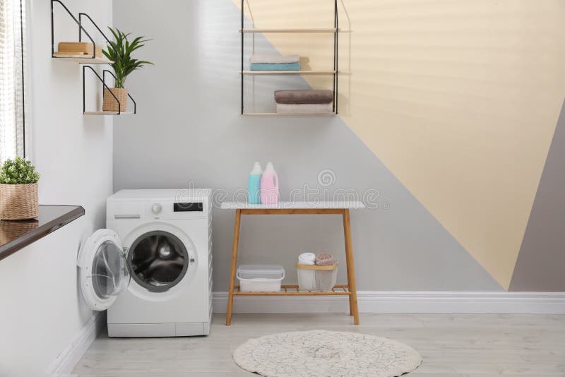 Modern Washing Machine in Laundry Room Interior Stock Image - Image of ...