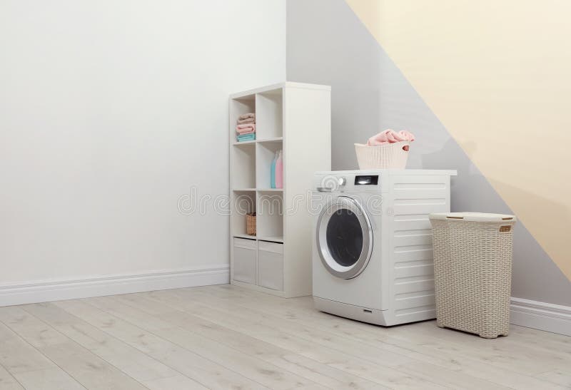 Modern Washing Machine in Laundry Room Interior Stock Image - Image of ...