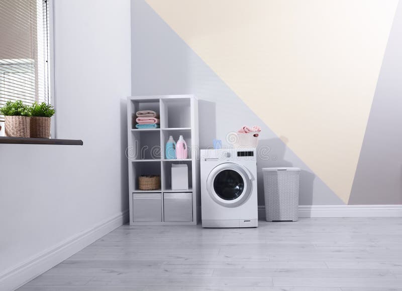Modern Washing Machine in Laundry Room Interior Stock Photo - Image of ...