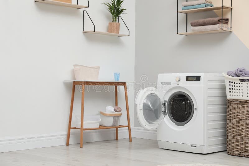 Modern Washing Machine in Laundry Room Stock Image - Image of household ...