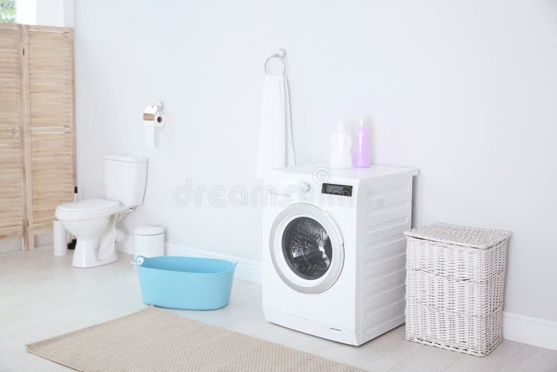 Modern Washing Machine in Light Interior Stock Photo - Image of routine ...