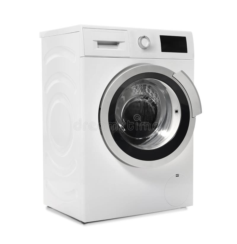 Modern Washing Machine with Clothes in Bathroom Stock Photo - Image of ...