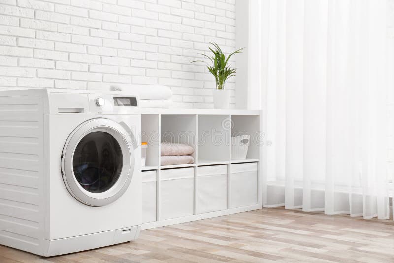 Modern Washing Machine Near Wall in Laundry Room Interior Stock Image ...